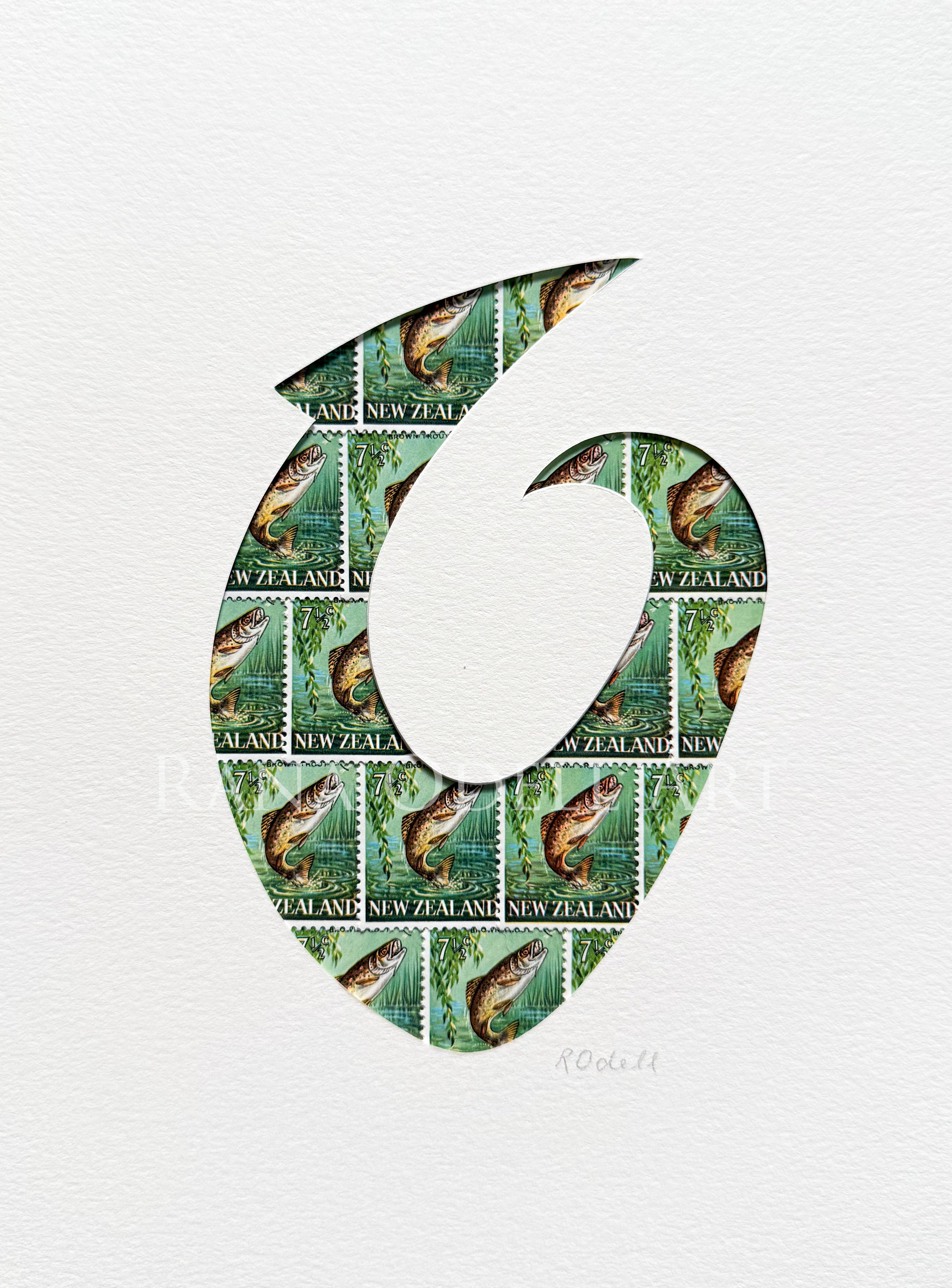 Hei Matau - fish hook, trout stamps, 6x8 inches – Rana Odell Art